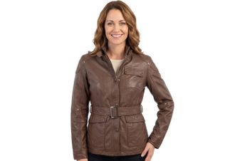 Jilani Lederjacke Dila Jilani - Damen Lederjacke G&uuml;rtel Lammnappa dunkelbraun