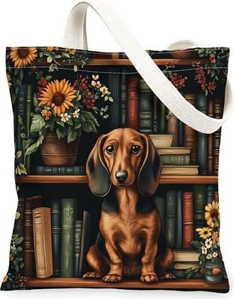 Generic Sac fourre-tout en toile motif teckel printanier pour faire du shopping, 33 x 38,1 cm, sac d&eacute;picerie r&eacute;utilisable pour femme, peinture esth&eacute;tique, d&eacute;c