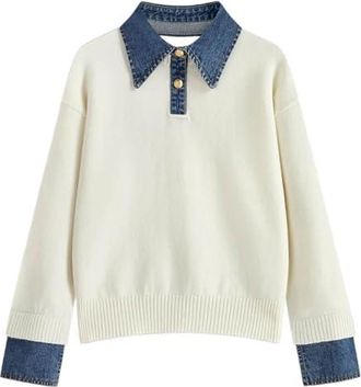 Generic Pull pour femme - D&eacute;contract&eacute; - Tricot - Col haut - Bordure en denim - &Eacute;l&eacute;gant et polyvalent - Style chemise confortable - Fil doux, Blanc., taille un