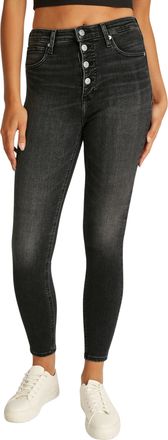 Calvin Klein Damen Jeans Hose High Rise Super Skinny Ankle mit Knopfleiste, Schwarz (Denim Black), 24W