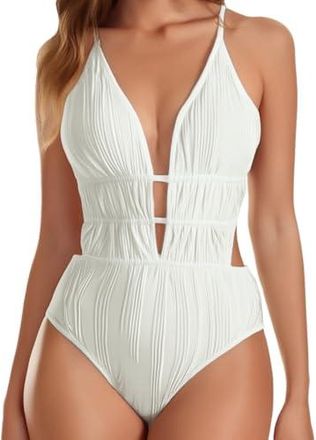 Generic Maillots De Bain Femme Une Pieces Amincissant Maillots de Bain Dos Nu, avec Rembourrage Amovible, Motif Rayures océaniques, lété (White, L)