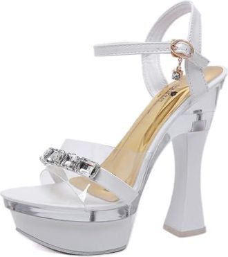 Generic Blanc,38 EU,Sandales à Talons compensés pour Femmes, Chaussures à Talons Hauts épais et à Strass, Bout Ouvert, Bride à la Cheville, pour fête de Maria