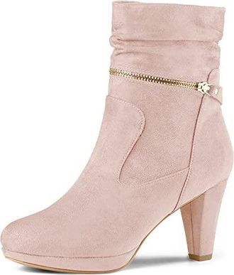 Allegra K Femmes Cheville Zip Plate-Forme Talon Haut Mi-Mollet Bottes Rose poussi&eacute;reux 38