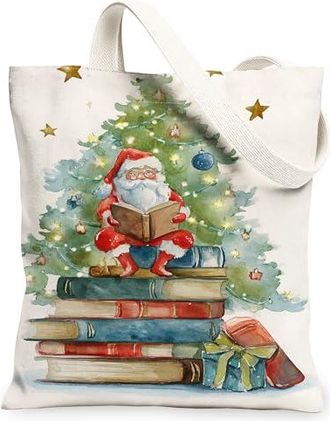 Generic Sac fourre-tout en toile de No&euml;l, motif P&egrave;re No&euml;l, lisant des livres, sacs de courses r&eacute;utilisables, sacs &agrave; bandouli&egrave;re l&eacute;gers et lavables pour cadeau