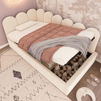 Generic Polsterbett Daybett 90x200 cm,Tagesbett Schlafsofa mit hydraulischem Stauraum,Bett mit Metall-Lattenrost, Samt, Beige, (ohne Matratze)