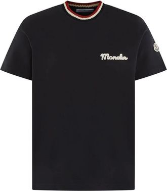 Moncler Homme, Tops, Bleu, Taille: S T-shirt &agrave; logo brod&eacute; en noir