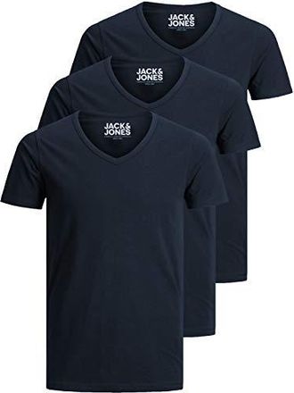 Jack & Jones Jack & Jones Lot de 3 t-shirts basiques à col en V pour homme, Couleur unie, Coupe slim, en blanc, noir, bleu, gris, bleu, XXL