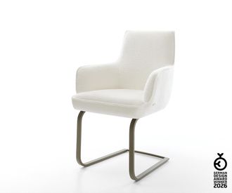 DELIFE Freischwinger Heira-Flex mit Armlehnen Boucl&eacute; Soft Beige Freischwinger flach Effektfinish Titan Taschenfederkern, Esszimmerst&uuml;hle
