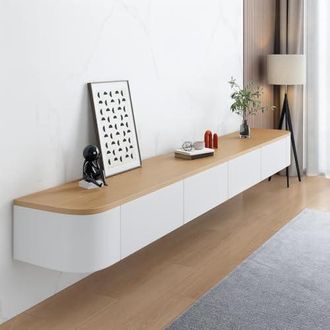 Generic Meuble TV flottant moderne de 160 cm - Console multimédia murale avec portes de rangement Design élégant en bois blanc pour salon, meuble TV peu encom