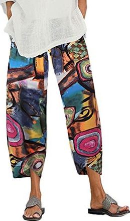 ORANDESIGNE Femmes Boho Harem Pantalon 7/8 Dété Pissenlit Motif Abstrait Taille Élastique Pantalon De Yoga Taille Haute Pantalon Large Lâche Pantalon en Lin Grand