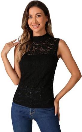 Allegra K D&eacute;bardeur en Dentelle Florale Femmes Pull Col Montant Hauts sans Manches Chic et &eacute;l&eacute;gant Tops Transparents &eacute;lastiques Noir XL