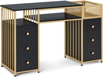 MCombo M Mcombo Schreibtisch mit 6 Schubladen, Nageltisch aus Holz Metallgestell, Manik&uuml;rtisch Schwarz-Gold, Schminktisch ohne Spiegel Modern, Computertisch