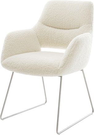 DELIFE Polsterstuhl Yago-Flex mit Armlehnen Kufengestell Edelstahl Teddystoff Beige Taschenfederkern