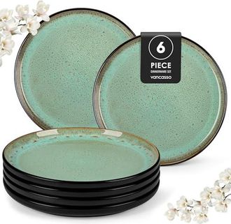 VANCASSO AMBER Ensemble de 6 Assiettes Plates en Gr&egrave;s - 26cm - Passe au Lave-Vaisselle et au Micro-Ondes, Design &Eacute;l&eacute;gant et R&eacute;sistant - Gla&ccedil;ure Vert