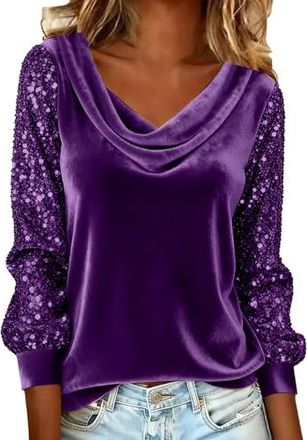 Generic T-shirt cascade pour femme - &Eacute;l&eacute;gant - Manches longues - Paillettes - Pull ample - Tunique ample - T-shirt &agrave; manches longues - Haut festif - Haut &agrave; pa