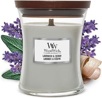 Woodwick mittelgroße Duftkerze im Sanduhrglas mit knisterndem Docht | Lavender & Cedar | Brenndauer bis zu 60 Stunden