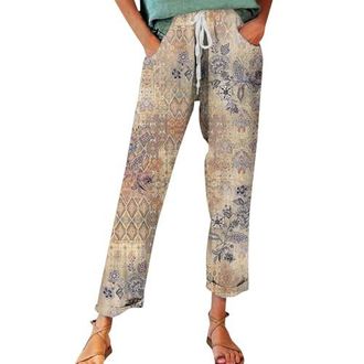 Generic Pantalon L&eacute;ger Femme Fluide Blanc en Lin &Eacute;t&eacute; Pantalon Court en Lin pour Femme Grande Taille Taille Haute Jambe Large Longueur Cheville Ray&eacute; pour La Ve