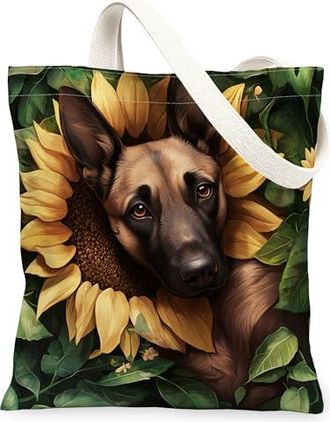 Generic Sac fourre-tout en toile motif chien malinois belge printanier 33 x 38,1 cm, sac d&eacute;picerie r&eacute;utilisable avec motif imprim&eacute; de feuille de tournesol, ch