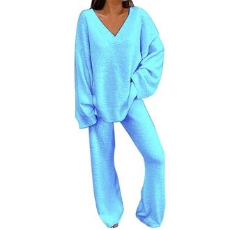 Generic Ensembles De Pyjama Femme Hiver Pyjama &agrave; Manches Longue 2 Pi&egrave;ces Pantalon &agrave; Taille &Eacute;lastique Haut Tricot V&ecirc;tement de Nuit Doux V&ecirc;tement dInt&eacute;rieur Sle