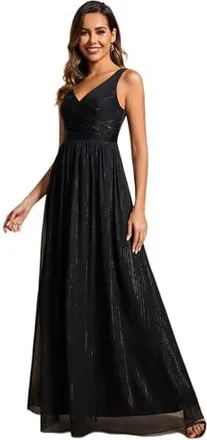 Ever-pretty Robe de Soiree Femme Longue Taille Haute Brillant Col V Robe de Soirée Noir 42