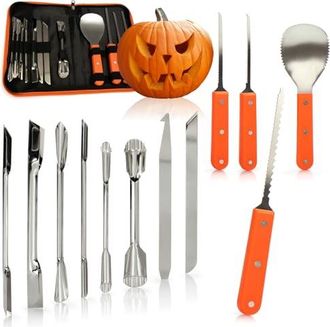 Com-Four 12x Ensemble de pi&egrave;ces &agrave; d&eacute;couper pour citrouilles pour Halloween - outils pour &eacute;vider les citrouilles (Sachet + 12 pi&egrave;ces - orange)