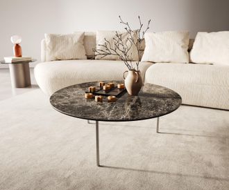 DELIFE Couchtisch Edge Rund 90x90 cm Keramik Emperador Extra Lucidato Dunkelbraun Trive Edelstahl geb&uuml;rstet, Couchtische