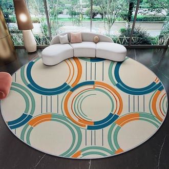 Generic Tapis Rond Lavable en Machine 160 cm, Beige Carpette Douce Antid&eacute;rapant Flanelle, Abstrait Cercles Rayures Moderne Imprim&eacute; Tapis pour Salon Chambre Ca