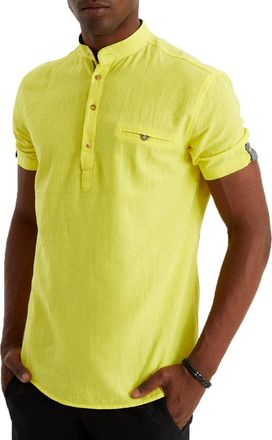 LEIF NELSON Leinenhemd Herren Sommer Kurzarm Gelb/Henley Hemd f&uuml;r Freizeit und Business/Gemischt aus Leinen und Baumwolle/Regular Fit Gr&ouml;&szlig;e L
