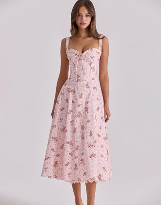 House of CB Rosalee - Midikleid in Rosa mit Vintage-Rosenmuster