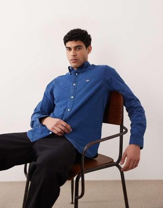 GANT Chemise classique en cr&eacute;pon &agrave; logo &eacute;cusson - Bleu marine indigo