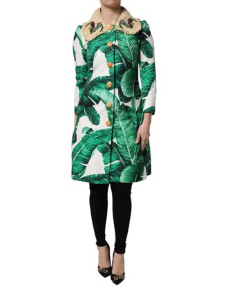Dolce & Gabbana Womens Multicolor Leaf Print Embellished Trenchcoat Jacket Cotton Silk Viscose Clothing