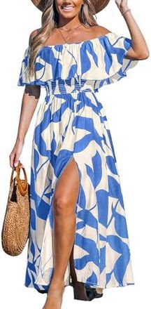 Cupshe Cupshe - Robe dété longue à volants et épaules dénudées, manches courtes, dos nu, corsage fendu, ourlet fendu, robe de plage, Taille XL