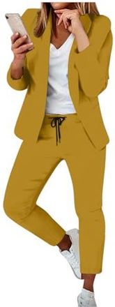 Generic Costume &eacute;l&eacute;gant de Couleur Unie pour Femmes, Cardigan &agrave; Manches Longues avec Poches, Haut &eacute;lastique, Jambe Droite, Pantalon (Yellow, XXL)