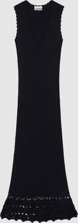 Ganni Robe Fine Crochet V-Neck Black