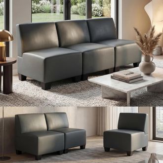 Mendler Modular 3-Sitzer Sofa Couch Lyon, Kunstleder - dunkelgrau, ohne Armlehnen