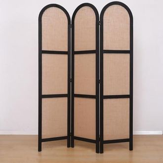 PEGANE Paravent, s&eacute;parateur de pi&egrave;ce en cannage et Bois avec 3 pans Coloris Noir et Beige - Hauteur 170 x Longueur 120 cm