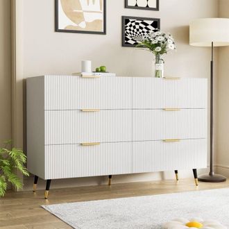 Urban Meuble Buffet élégant blanc design moderne, 6 tiroirs poignets et point de pieds dorés 120x40x77cm