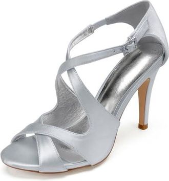 Generic Escarpins Femme Bout Ouvert Mariée Btide Cheville Boucle Satin Stylet Sandales Chaussures De Mariee Bal Dress Fête 10.5Cm,Argent,39 EU