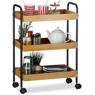 Relaxdays Desserte de Cuisine Bambou, 3 Niveaux, Look naturel, Roulette Rotation 360° Acier hlp: 70x50x28cm, nature/noir - Relaxdays