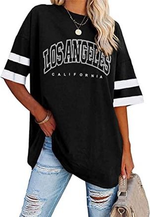TOMWELL T-Shirt Oversize Femme à Col en V Vintage T-Shirts à Manches Courtes Lettres LA Hauts dété Grande Taille Chic Tee Shirt Rayée Lâches Tops pour Adolesc