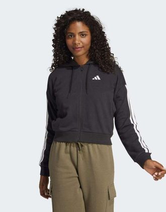 adidas adidas Performance - Essentials - Sweat &agrave; capuche zipp&eacute; en tissu-&eacute;ponge avec logo &agrave; 3 bandes - Noir et blanc