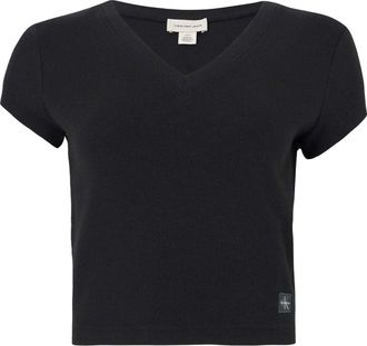 Calvin Klein Damen T-Shirt Kurzarm Woven Label Rib Tee mit V-Ausschnitt, Schwarz (Black), S