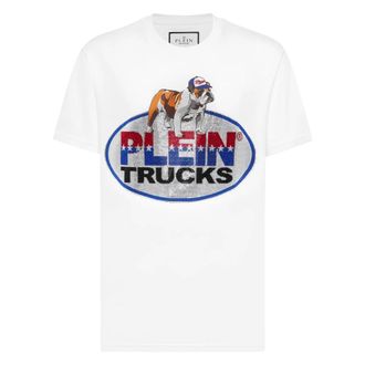Philipp Plein Homme, Tops, Blanc, Taille: XL T-Shirt Col Rond Bulldog Crystal