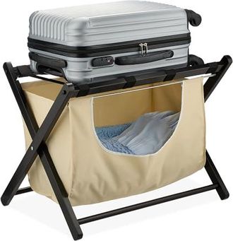 Relaxdays Kofferständer, klappbar, Holz, HxBxT: 52 x 68 x 47 cm, Gepäckständer mit Wäschesack, Hotel, schwarz/beige