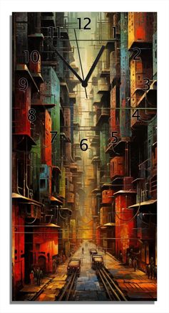 Wallario Design-Wanduhr, Acrylglasuhr Größe 30 x 60 cm, Schwarze Zeiger, Motiv Stadt der Zukunft