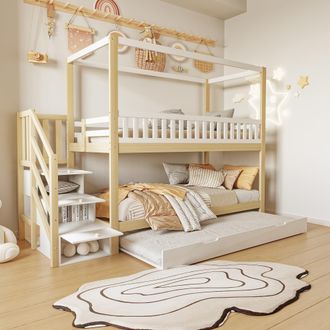 Myboo Kinderbett Etagenbett 90x200 mit Ausziehbett&Treppe Stauraum, Hochbett Hausbett f&uuml;r 3 Kinder, Holzbett Doppelbett mit Lattenrost&Rausfallschutz, Jugen