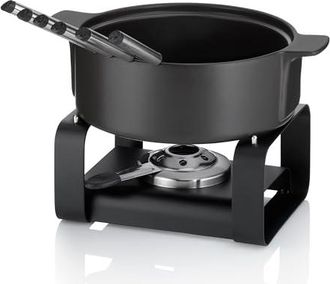 KELA K&auml;sefondue-Set Roman, 9-teilig, Durchmesser 22,5 cm, 1,75 L, Keramik, schwarz, Topf, Sicherheitspastenbrenner, Rechaud, 6x Fonduegabeln, 16665