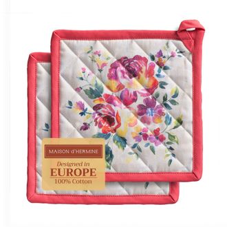 Maison d'Hermine Hot Pads Oster-Topfhalter aus 100% Baumwolle, 2er-Set (20cm x 20cm) mit Schleife, hitzebest&auml;ndig f&uuml;r BBQ, Kochen, Backen, Grillen, Mikrowelle, Rose Ga
