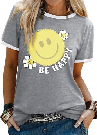 Dresswel Tshirt Damen Be Happy L&auml;chelndes Gesicht Druck T-Shirt Rundhals Kurzarm T Shirts Sommer Oberteile Tee Tops Bluse