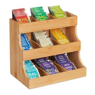 Relaxdays Tee Organizer, 9 F&auml;cher, aus Bambus, HBT: 24 x 27 x 17,5 cm, Tee & Kaffeepads, Teeregal vertikal, wei&szlig;/Natur